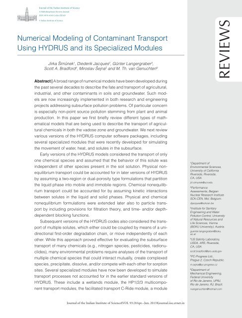 Numerical Modeling Of Contaminant Transport Using Hydrus And