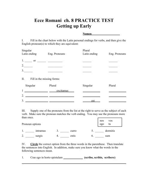 Ecce Romani ch. 8 Practice Test - Lewiston School District