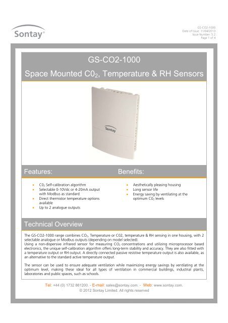 GS-CO2-1000 Space Mounted C02, Temperature & RH ... - Sontay