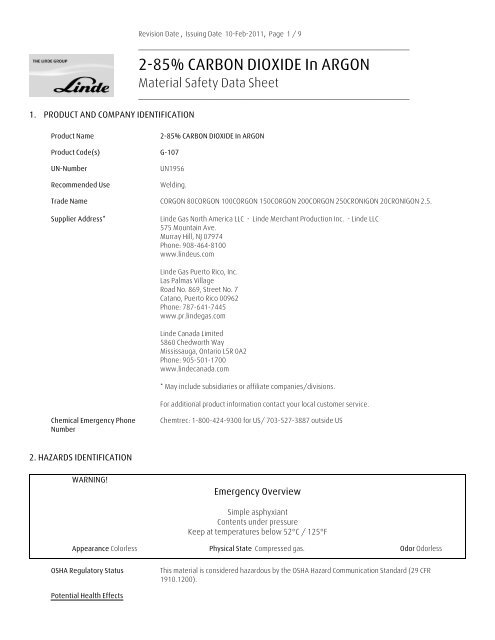 Argon Co2 Msds Sheet