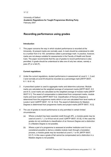 Recording performance using grades - University of Salford