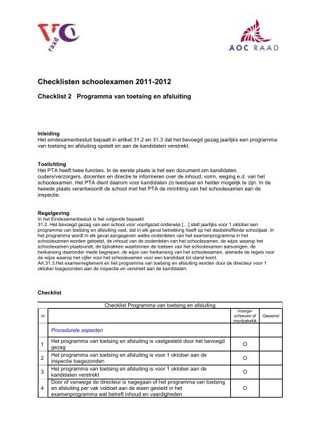 Checklist Programma van Toetsing en Afsluiting - VO-raad
