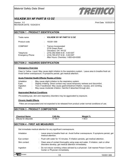 Vulkem 351NF Part B MSDS - Tremco Sealants