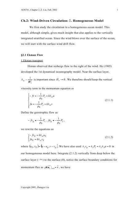 Ch.2: Wind-Driven Circulation: I. Homogeneous Model