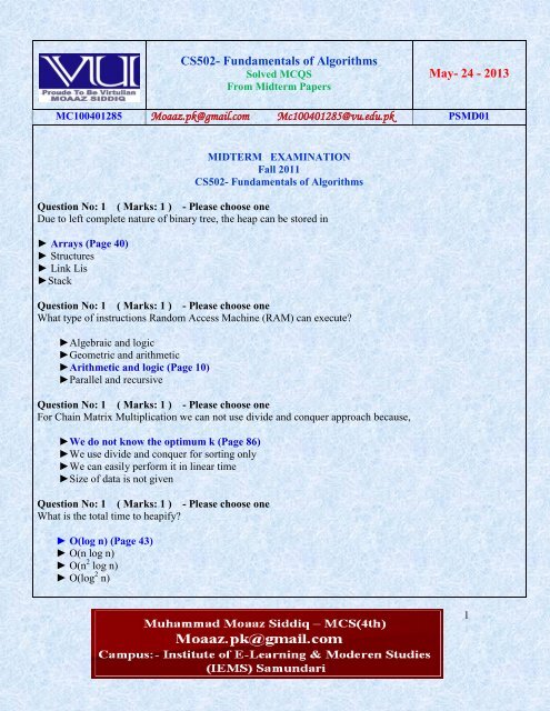 CS502- Fundamentals of Algorithms May- 24 - 2013 Moaaz ... - vuZs