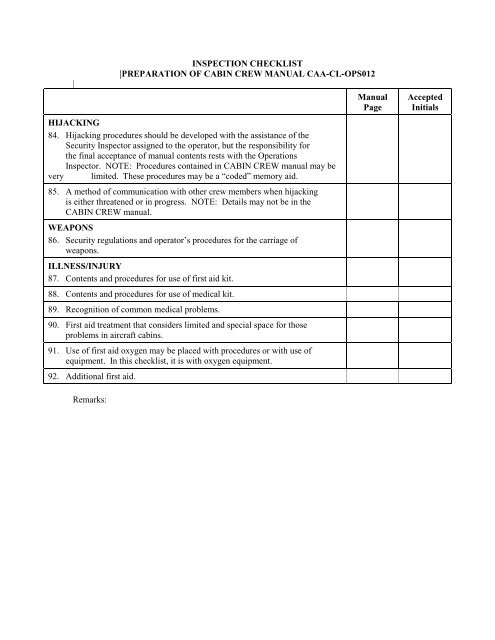 |INSPECTION CHECKLIST|PRE