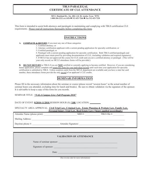 TBLS PARALEGAL CERTIFICATE OF CLE ATTENDANCE ...