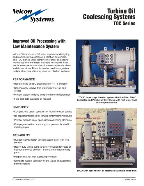Turbine Oil Coalescing Systems TOC Series - Data ... - Velcon Filters