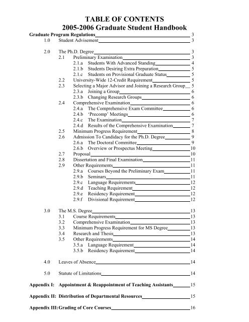 TABLE OF CONTENTS 2005-2006 Graduate Student Handbook