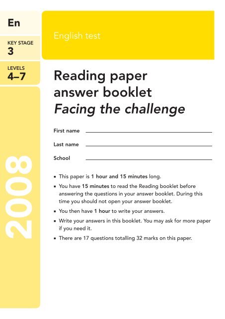 Reading paper answer booklet Facing the challenge - Test Papers