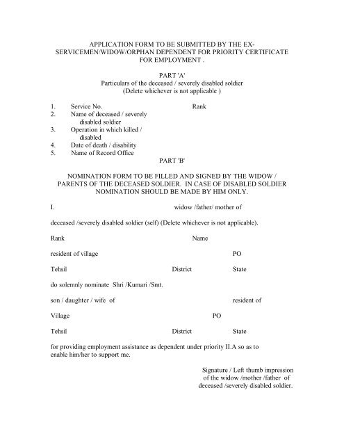 application form to be submitted by the ex- servicemen/widow ...