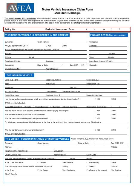 MV Accident Claim Form V3 Re-brand - AVEA Insurance Limited