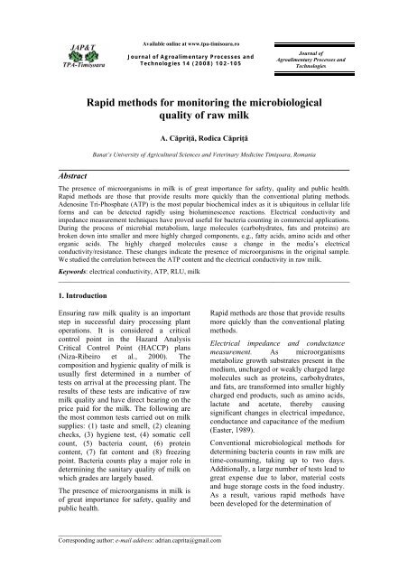 Rapid methods for monitoring the microbiological quality of raw milk