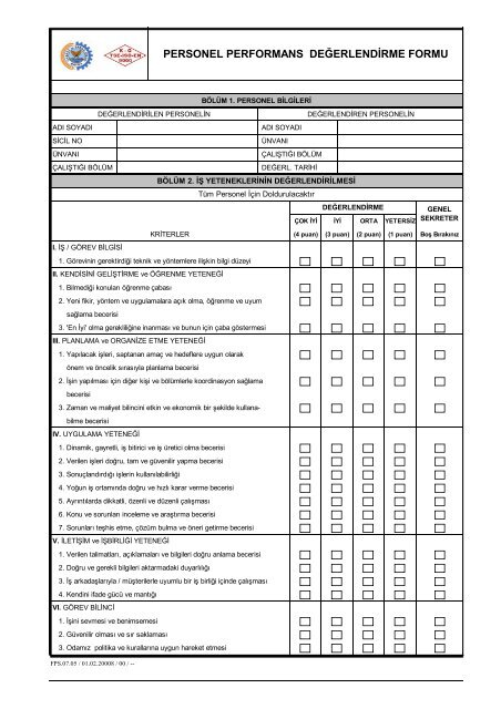 personel performans deÄ erlendirme formu