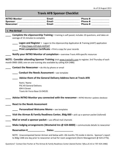Travis AFB Sponsor Checklist - Airman & Family Readiness Center ...