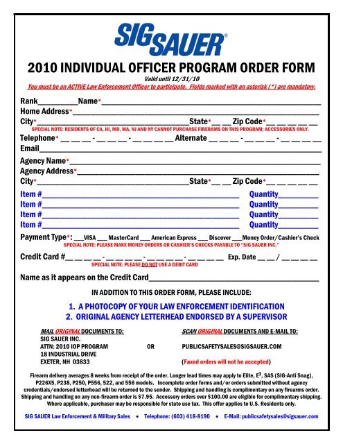 2010 INDIVIDUAL OFFICER PROGRAM ORDER FORM - Sig Sauer
