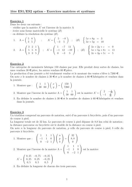 1`ere ES1/ES2 option - Exercices matrices et syst`emes
