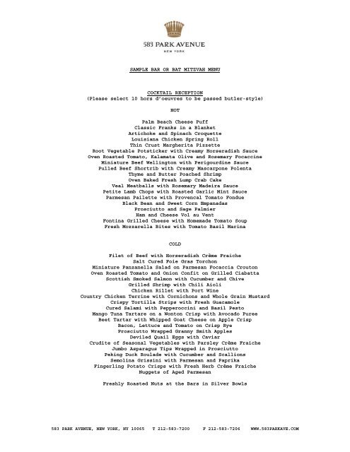 SAMPLE BAR OR BAT MITZVAH MENU ... - 583 Park Avenue