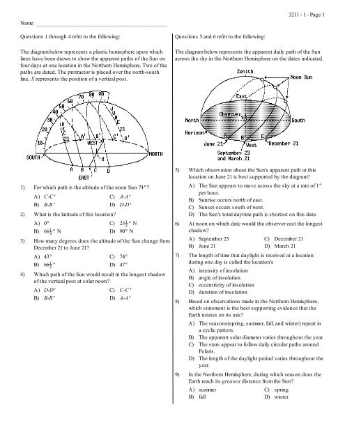 Questions 1 through 4 refer to the following - Earth Science Review