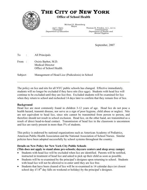 Memo: Management of Headlice in Schools