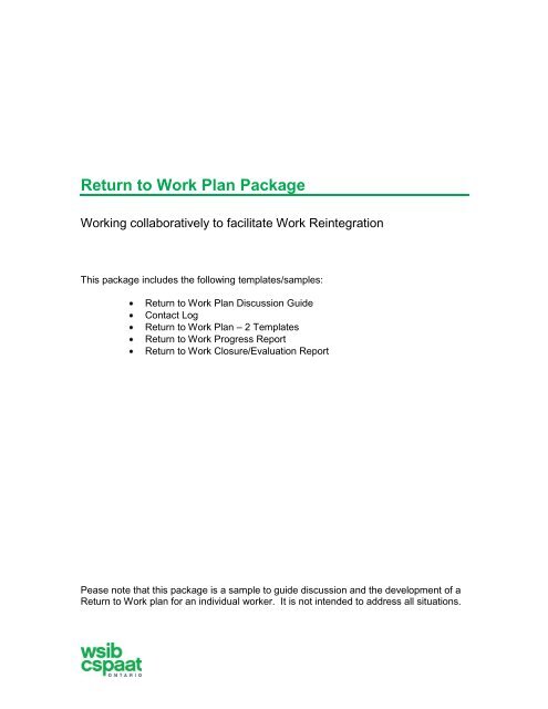 Sample Return To Work Plan Package Wsib