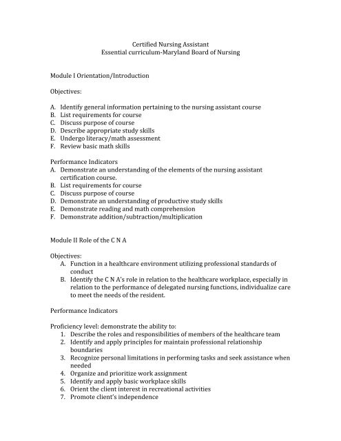Certified Nursing Assistant Essential curriculum