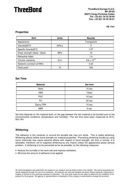 TECHNICAL DATA ThreeBond 1741 Cyanoacrylate Adhesive