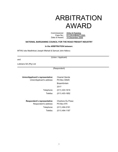 MTWU vs Lobtrans - 12 Dec 2007 - nbcrfli.org.za