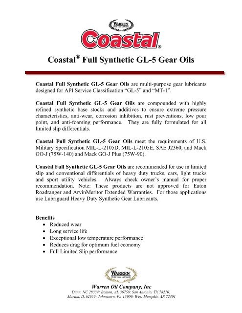 Coastal Full Synthetic GL-5 Gear Oils.pdf - Warren Oil Company, Inc.