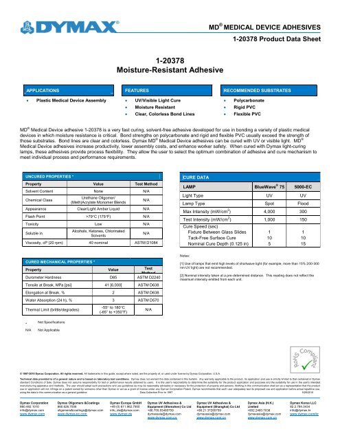 DYMAX 1-20378 MD Medical Device Adhesive Product Data Sheet