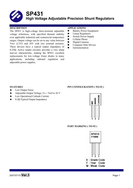 SP431 High Voltage Adjustable Precision Shunt Regulators