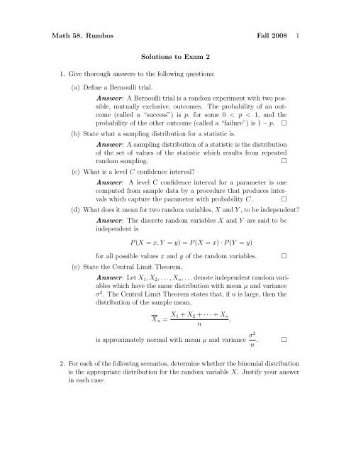 Math 58. Rumbos Fall 2008 1 Solutions to Exam 2 1. Give thorough ...