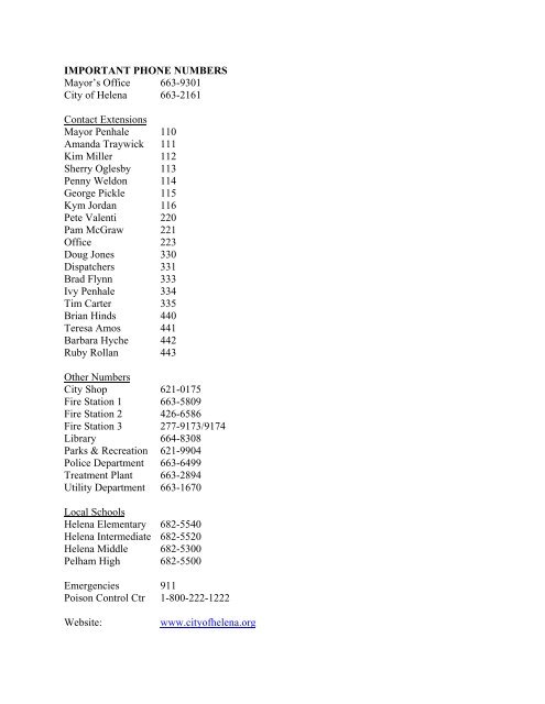 IMPORTANT PHONE NUMBERS - City of Helena, Alabama