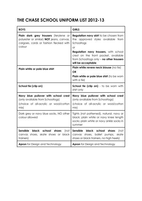 THE CHASE SCHOOL UNIFORM LIST 2012-13 - The Chase Technology College