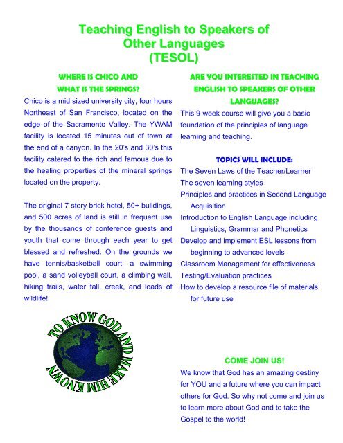 TESOL - Youth with a Mission YWAM Chico