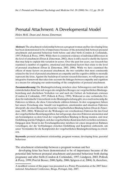 Prenatal Attachment: A Developmental Model