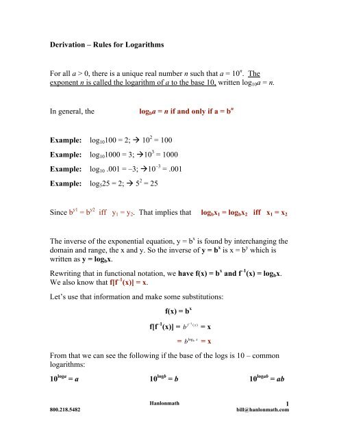 Derivation â Rules for Logarithms - Hanlon Math