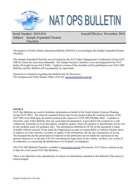 Sample Expanded Oceanic Checklist