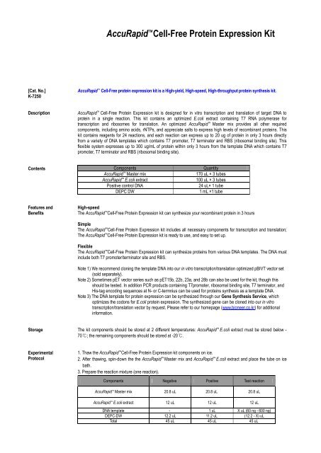 AccuRapidâ ¢ Cell-Free Protein Expression Kit