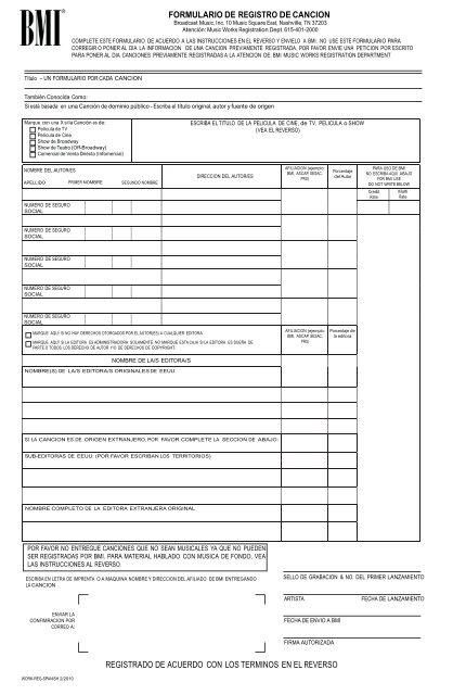 Musical Work Registration Form, Spanish - BMI.com