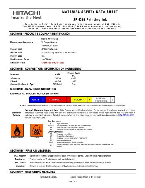JP-K88 Printing Ink | Material Safety Data Sheet : Hitachi America, Ltd.