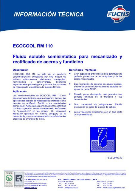 ecocool rm 110 - fuchs lubricantes