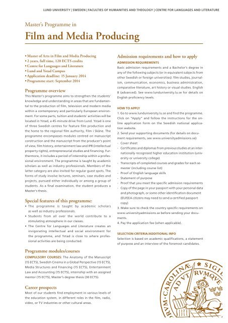 Master's Programme in Film and Media Production - Lund University
