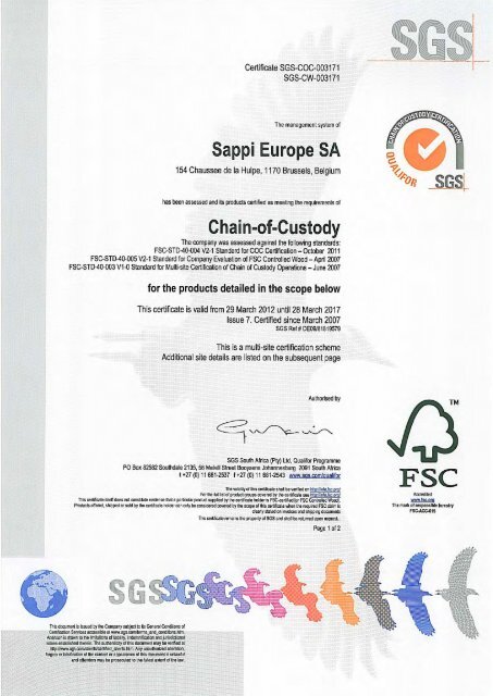 SFPE - SGS-FSC Certificate COC-CW-003171 Issue - Sappi