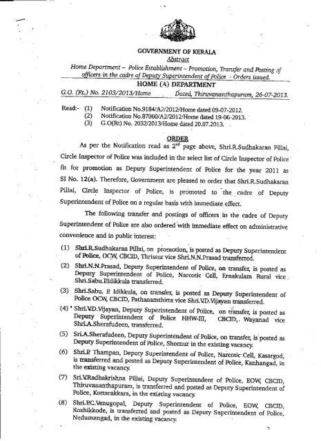 Promotion, Transfer and Posting of Officers in the ... - Kerala Police