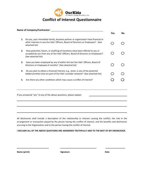 Conflict of Interest Questionnaire - Our Kids
