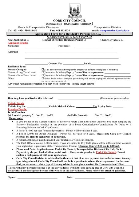 Residents Permit Application & Guidelines 2012 - Cork City Council