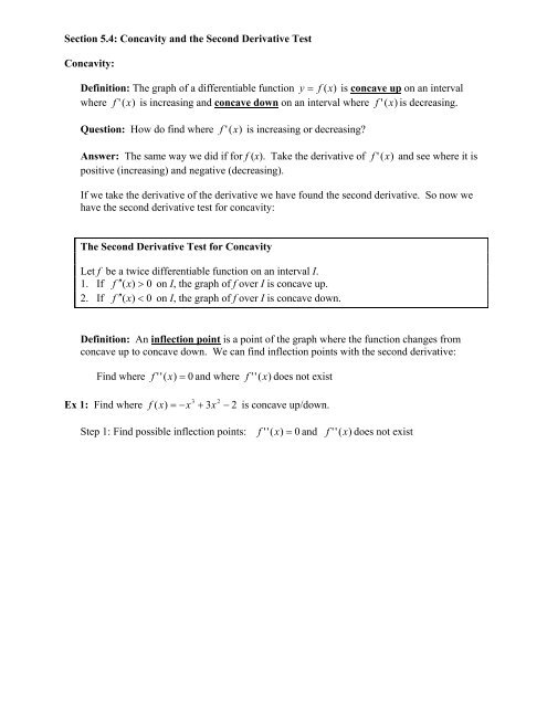 Section 5.4: Concavity and the Second Derivative Test Concavity ...