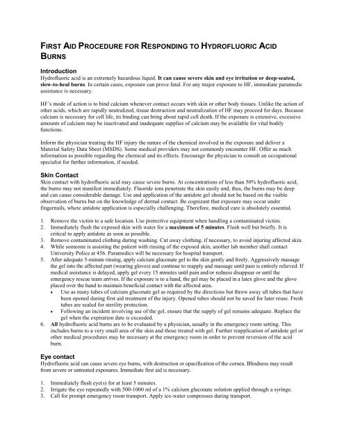 first aid procedure for responding to hydrofluoric acid burns