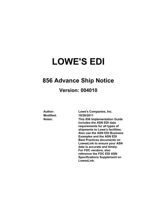 LOWE'S EDI 856 Advance Ship Notice Version - LowesLink